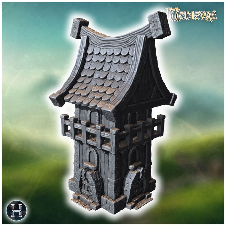 3D Printable Tall wooden watchtower with stone base, curved roof ...