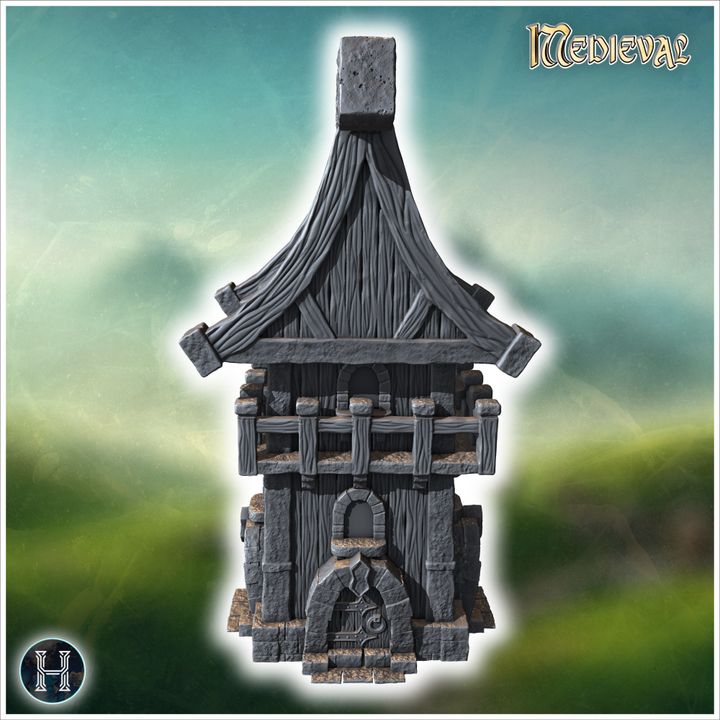 3D Printable Tall wooden watchtower with stone base, curved roof ...