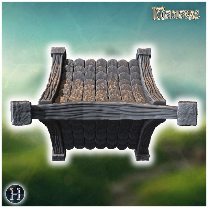 3D Printable Tall wooden watchtower with stone base, curved roof ...