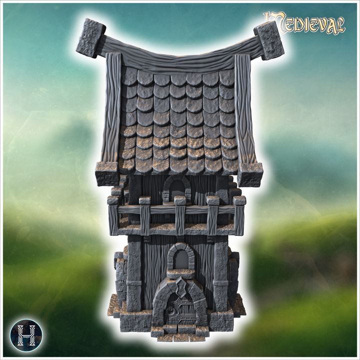 3D Printable Tall wooden watchtower with stone base, curved roof ...