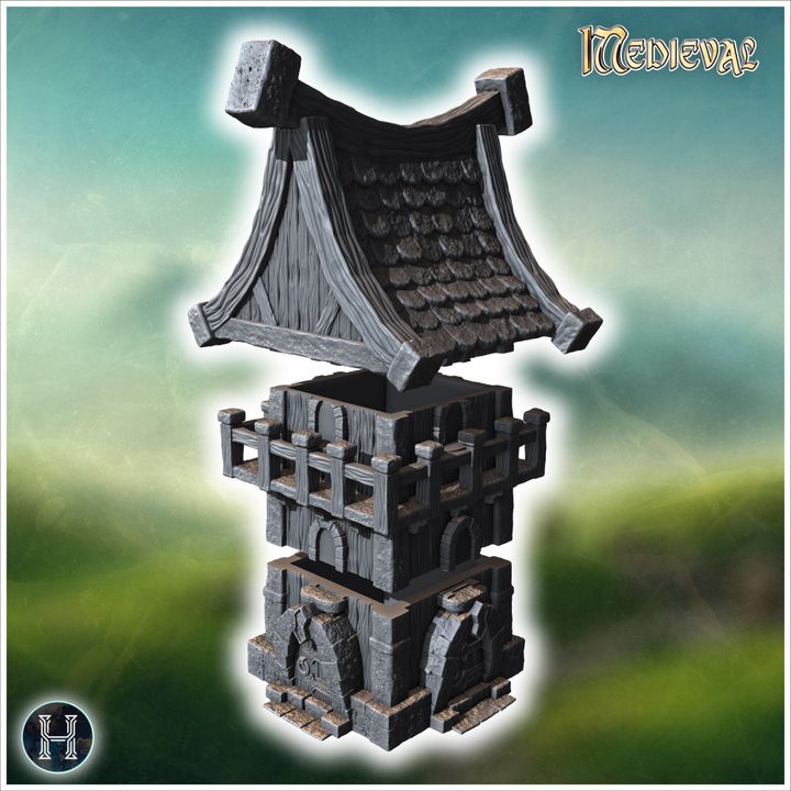 3D Printable Tall wooden watchtower with stone base, curved roof ...