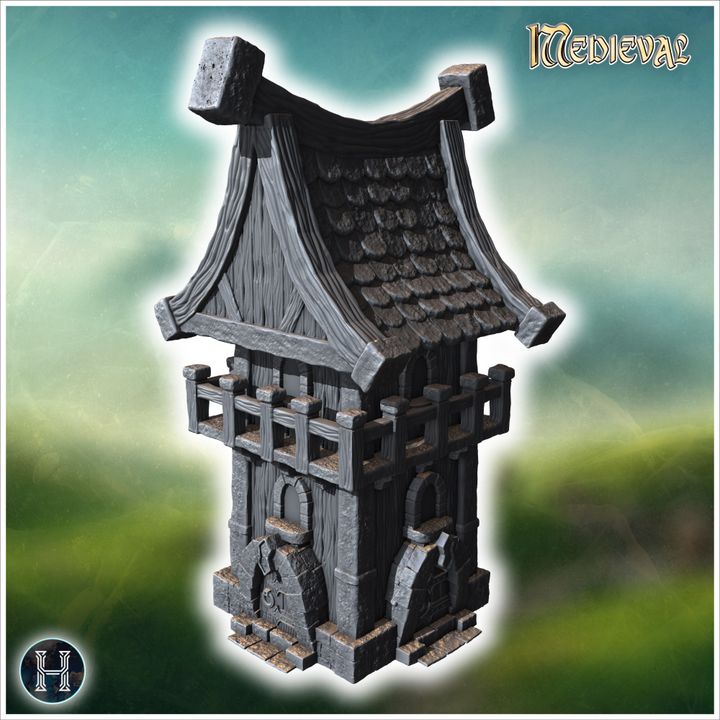 3D Printable Tall wooden watchtower with stone base, curved roof ...