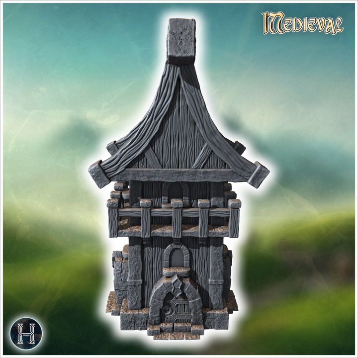 3D Printable Tall wooden watchtower with stone base, curved roof ...