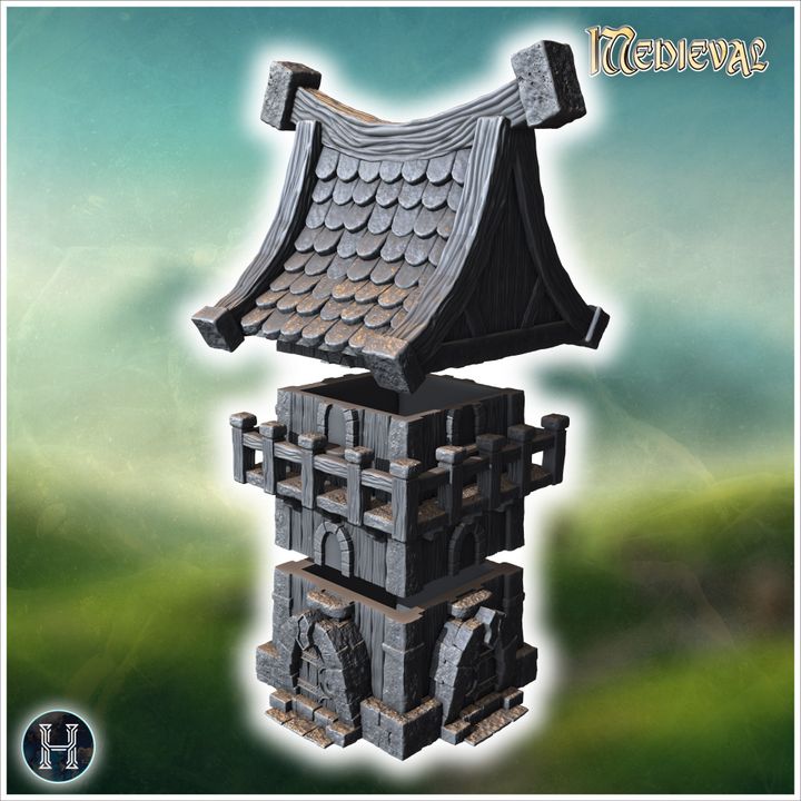 3D Printable Tall wooden watchtower with stone base, curved roof ...