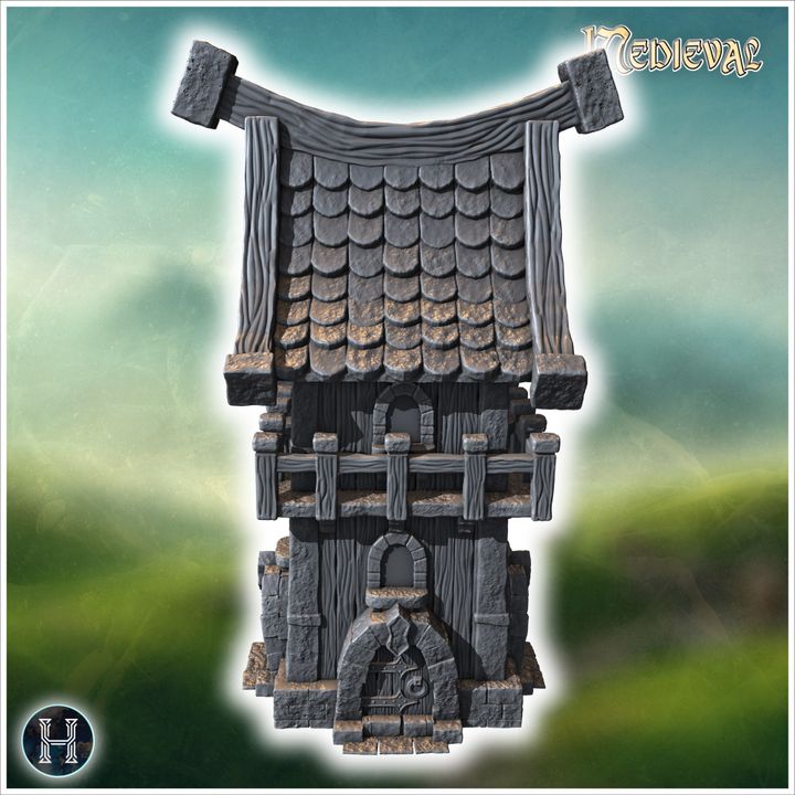 3D Printable Tall wooden watchtower with stone base, curved roof ...