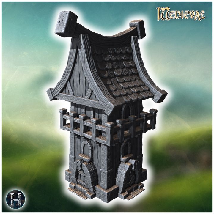 3D Printable Tall wooden watchtower with stone base, curved roof ...