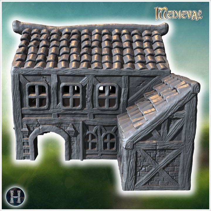 3D Printable Large wooden building with arched entry, small annex, and ...