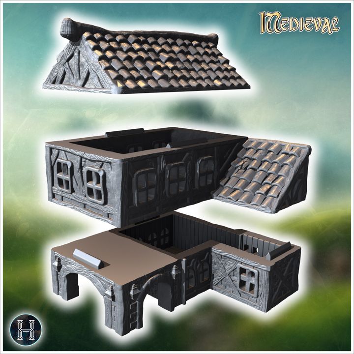 3D Printable Large wooden building with arched entry, small annex, and ...