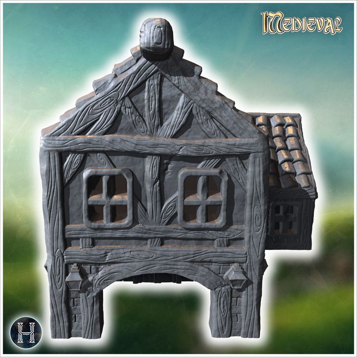3D Printable Large wooden building with arched entry, small annex, and ...