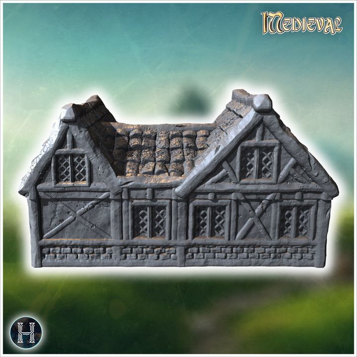3D Printable Two-story half-timbered building with multiple windows ...