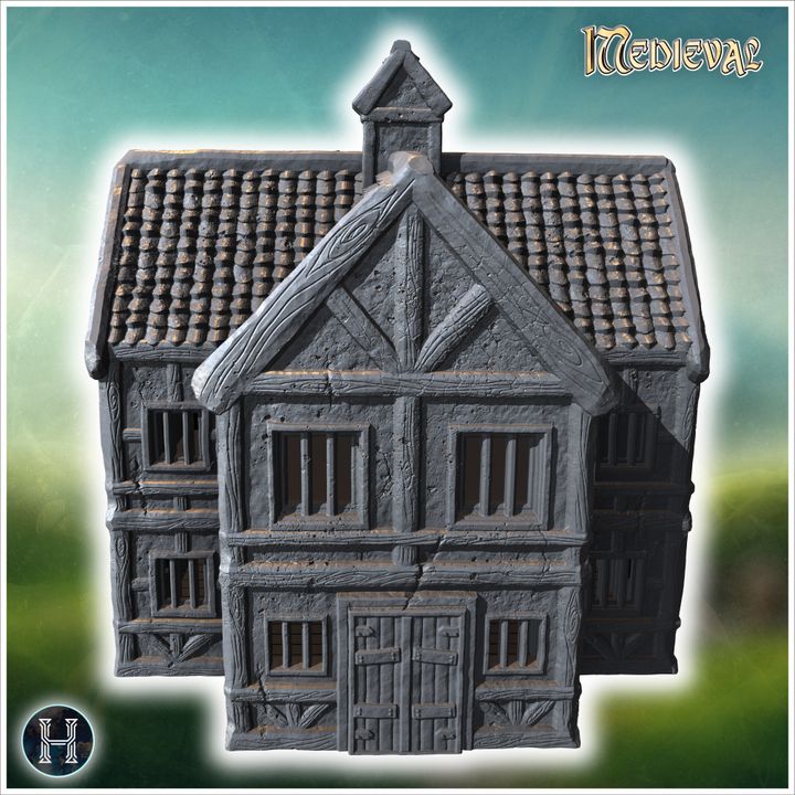 3D Printable Medieval-style building with an annex, stone steps, wooden ...