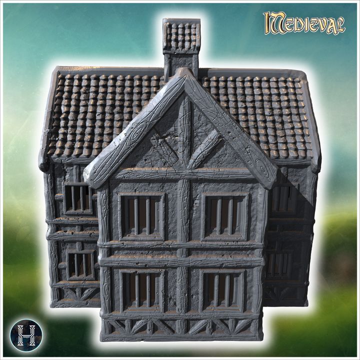 3D Printable Medieval-style building with an annex, stone steps, wooden ...