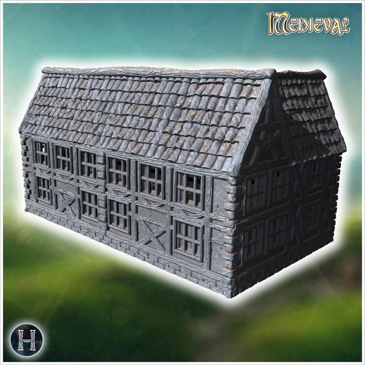 3D Printable Two adjacent buildings with steep roofs, wooden beams, and ...