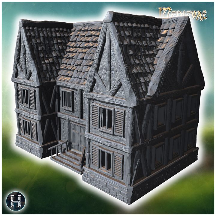 3D Printable Large medieval house with wooden balconies, stone ...
