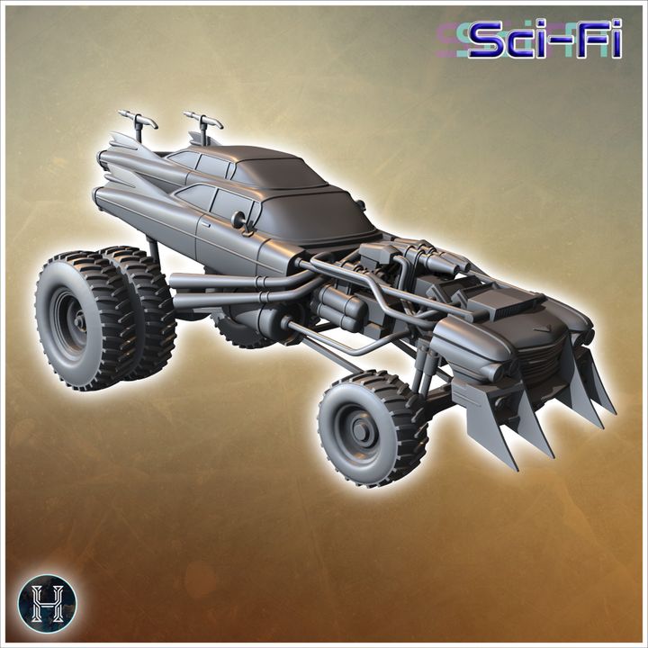 3D Printable Armored vehicle with large wheels, reinforced front, and ...