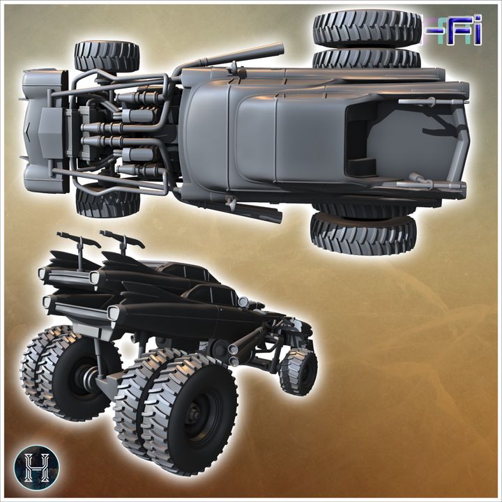 3D Printable Armored vehicle with large wheels, reinforced front, and ...