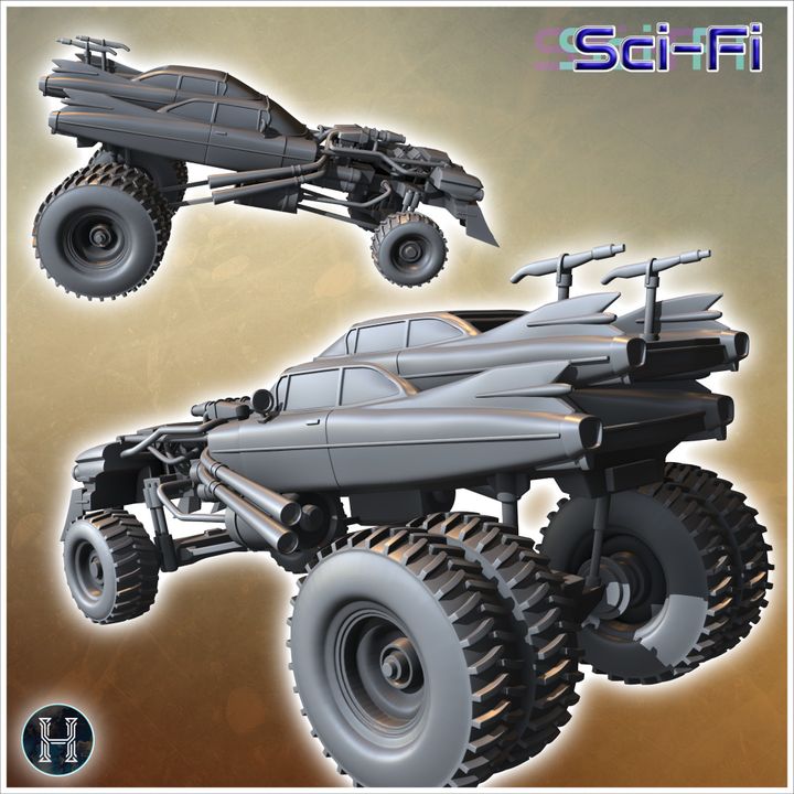 3D Printable Armored vehicle with large wheels, reinforced front, and ...