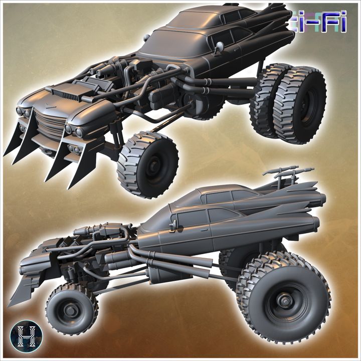 3D Printable Armored vehicle with large wheels, reinforced front, and ...