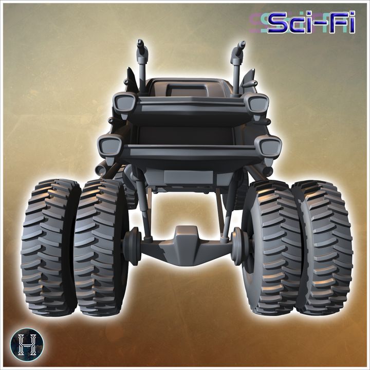 3D Printable Armored vehicle with large wheels, reinforced front, and ...
