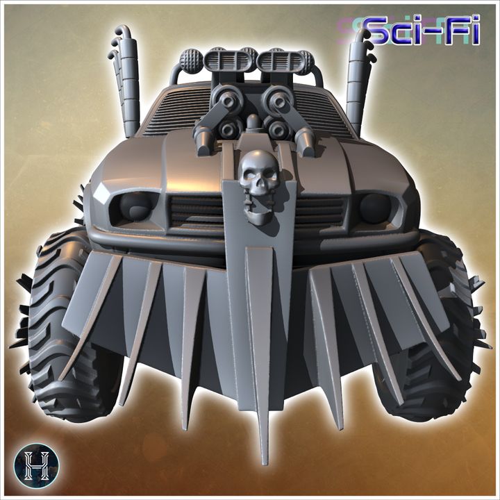 3D Printable Heavily modified car with spiked wheels, exhaust pipes ...