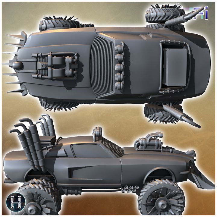 3D Printable Heavily modified car with spiked wheels, exhaust pipes ...
