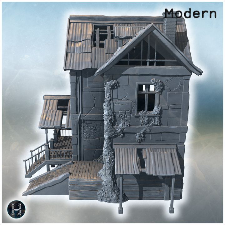 3D Printable Abandoned building with broken stairs, decaying roof, and ...