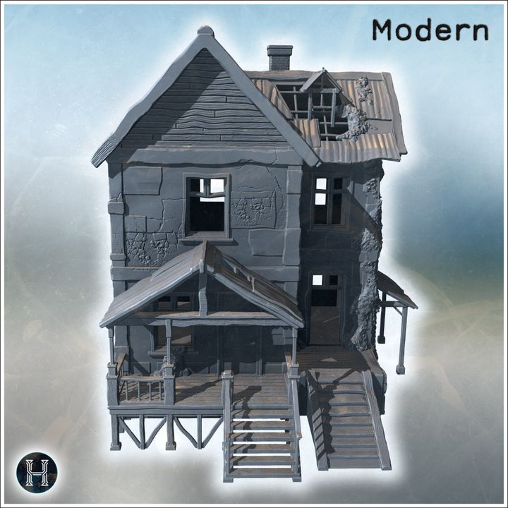 3D Printable Abandoned building with broken stairs, decaying roof, and ...