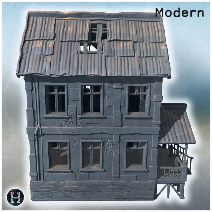 3D Printable Abandoned building with broken stairs, decaying roof, and ...