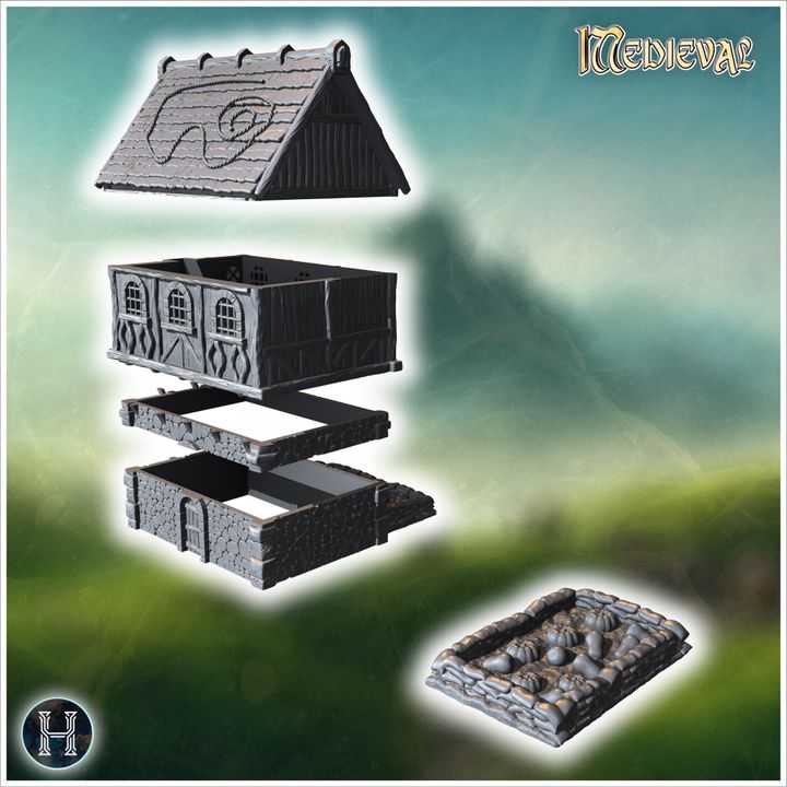 3D Printable Half-timbered house with stone foundation, intricate roof ...