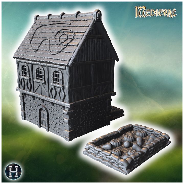 3D Printable Half-timbered house with stone foundation, intricate roof ...