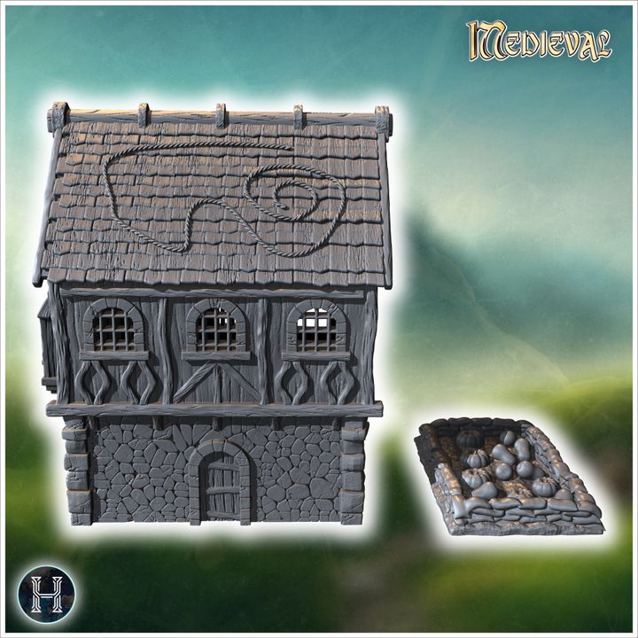 3D Printable Half-timbered house with stone foundation, intricate roof ...