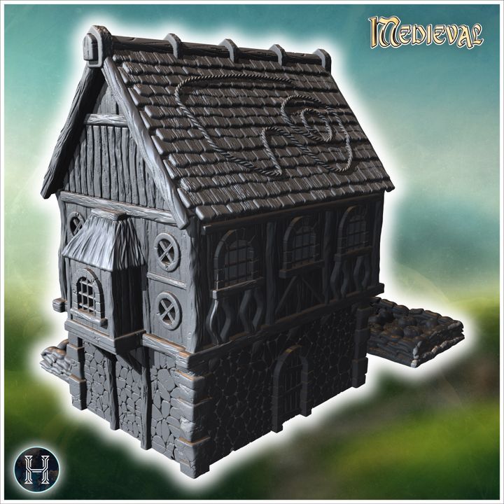 3D Printable Half-timbered house with stone foundation, intricate roof ...