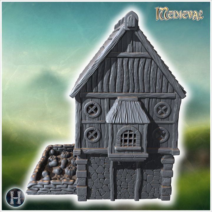 3D Printable Half-timbered house with stone foundation, intricate roof ...