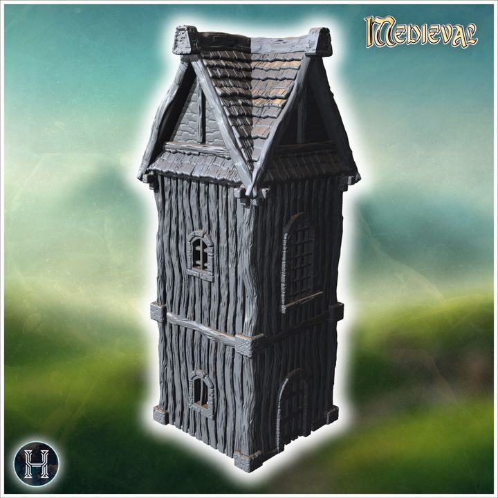 3D Printable Tall medieval tower with wooden walls, arched windows, and steep gabled roof with ...