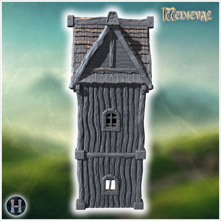3D Printable Tall medieval tower with wooden walls, arched windows, and steep gabled roof with ...