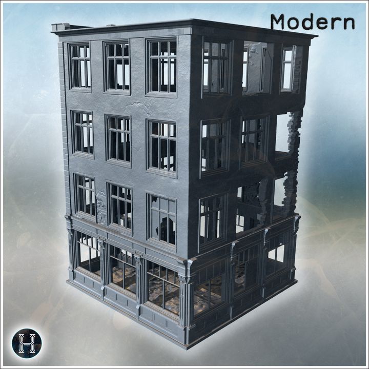 3D Printable Four-story building with broken windows, damaged facade ...