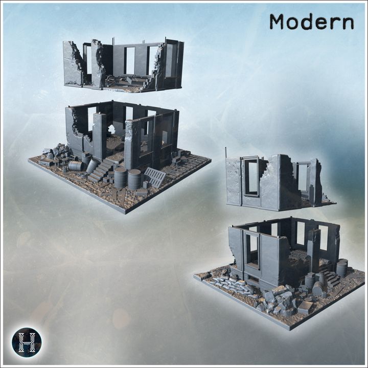3D Printable Collapsed two-story building with rubble, barrels, and ...