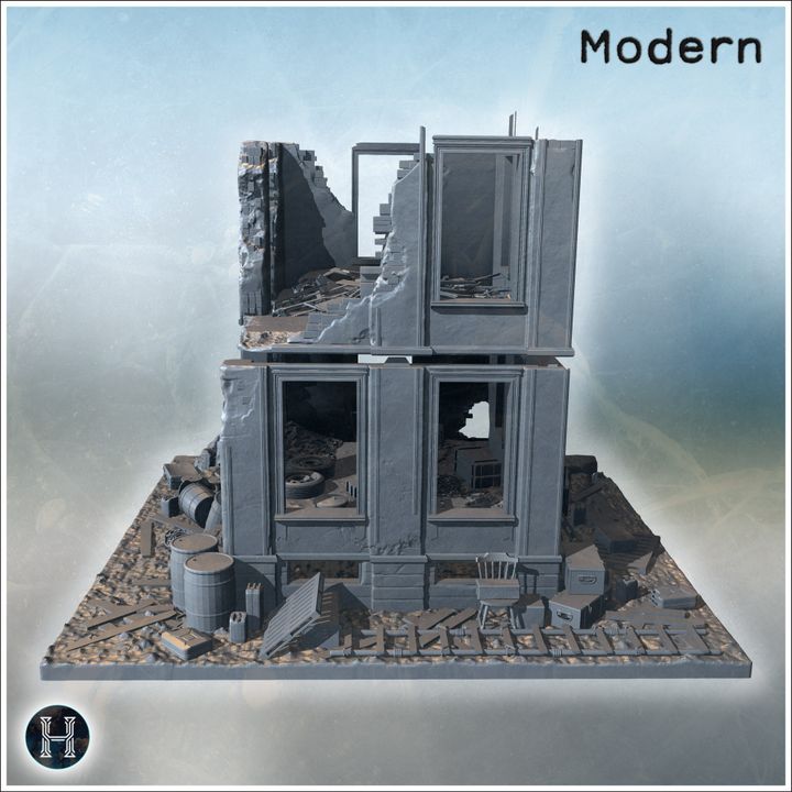 3D Printable Collapsed two-story building with rubble, barrels, and ...