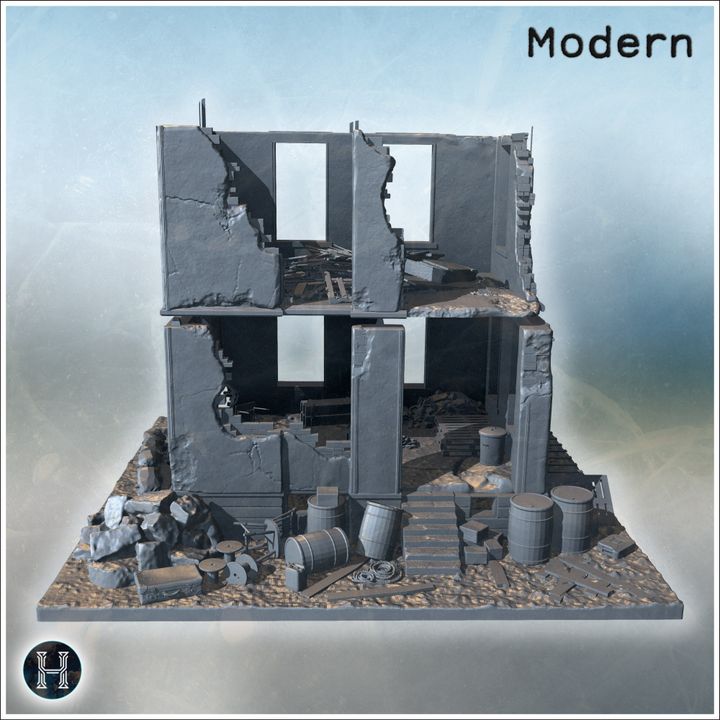 3D Printable Collapsed two-story building with rubble, barrels, and ...