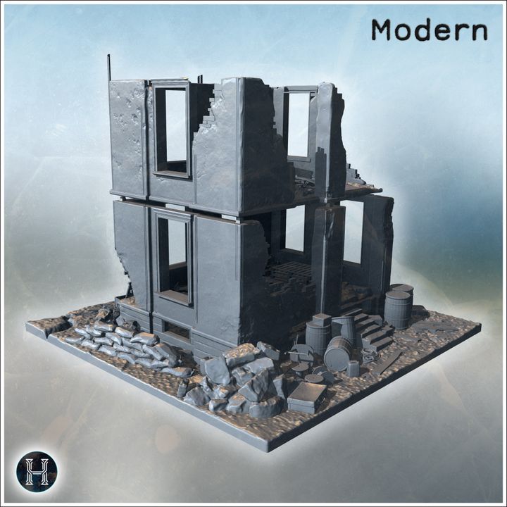 3D Printable Collapsed two-story building with rubble, barrels, and ...