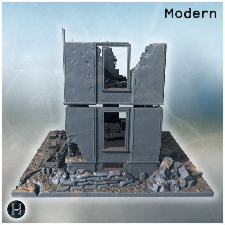 3D Printable Collapsed two-story building with rubble, barrels, and ...