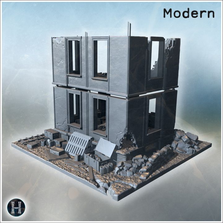 3D Printable Collapsed two-story building with rubble, barrels, and ...