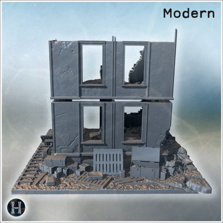 3D Printable Collapsed two-story building with rubble, barrels, and ...