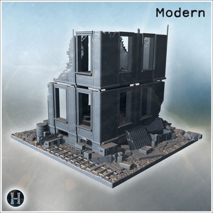 3D Printable Collapsed two-story building with rubble, barrels, and ...