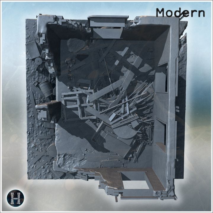 3D Printable Collapsed two-story building with rubble, barrels, and ...