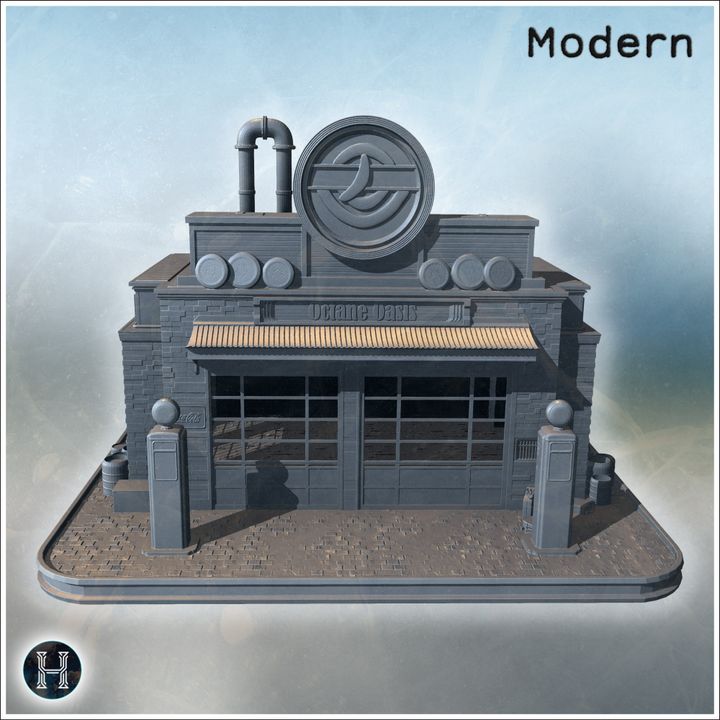 3D Printable Vintage gas station with two pumps, brick facade, pipes on ...