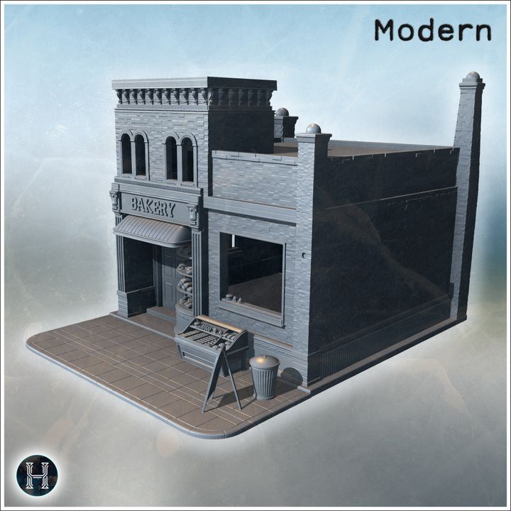 3D Printable Bakery storefront with window display, brick walls, trash ...