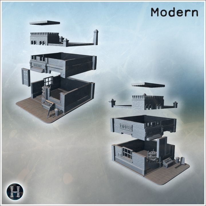 3D Printable Bakery storefront with window display, brick walls, trash ...