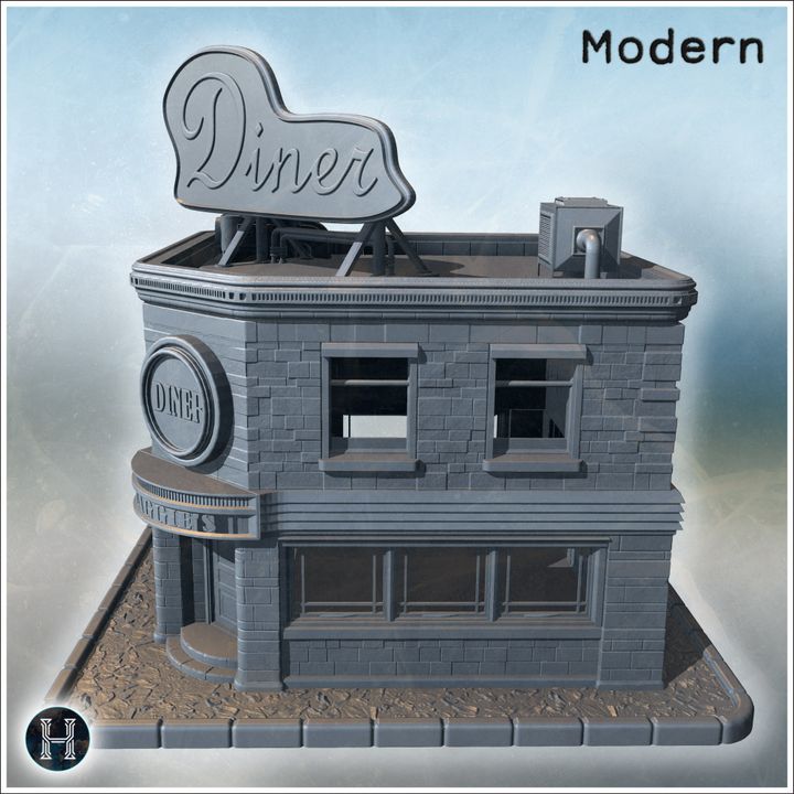 3D Printable Retro diner with a large neon sign, curved corner entrance ...