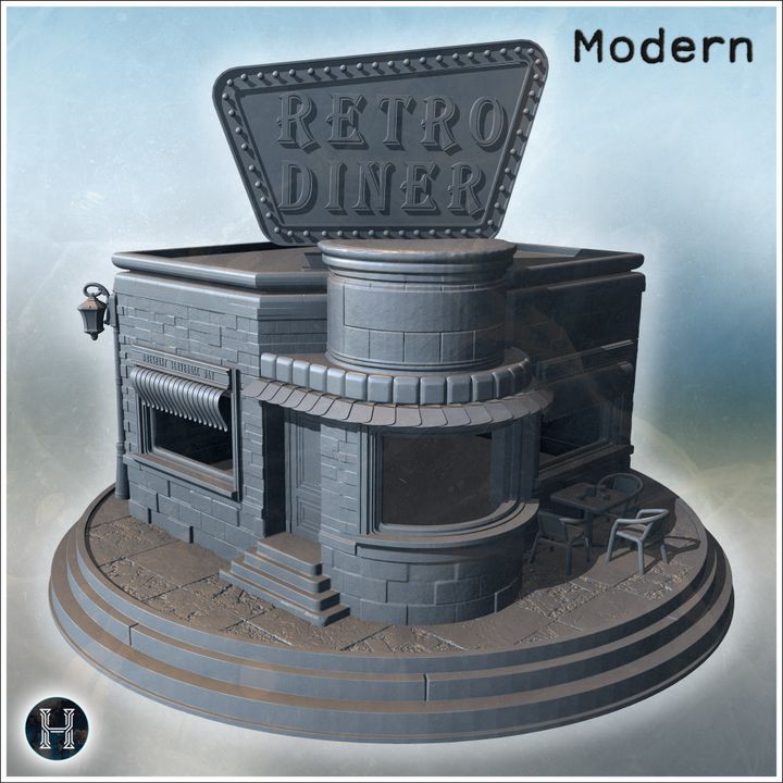 3D Printable Vintage-style diner with a large rooftop sign, steps ...
